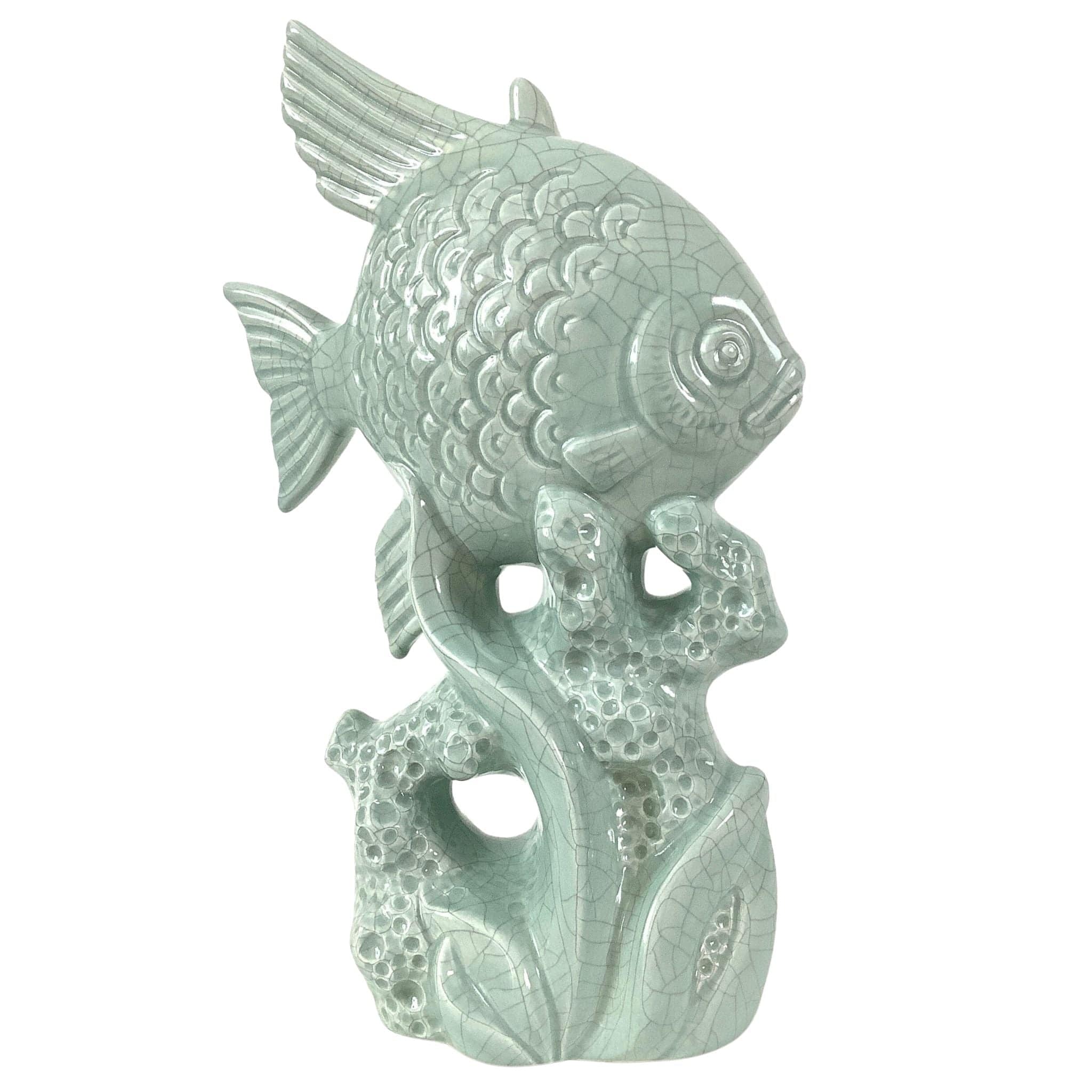 Jaru Ceramic Fish Figurine 1980s Teal-Green - Coastal Decor