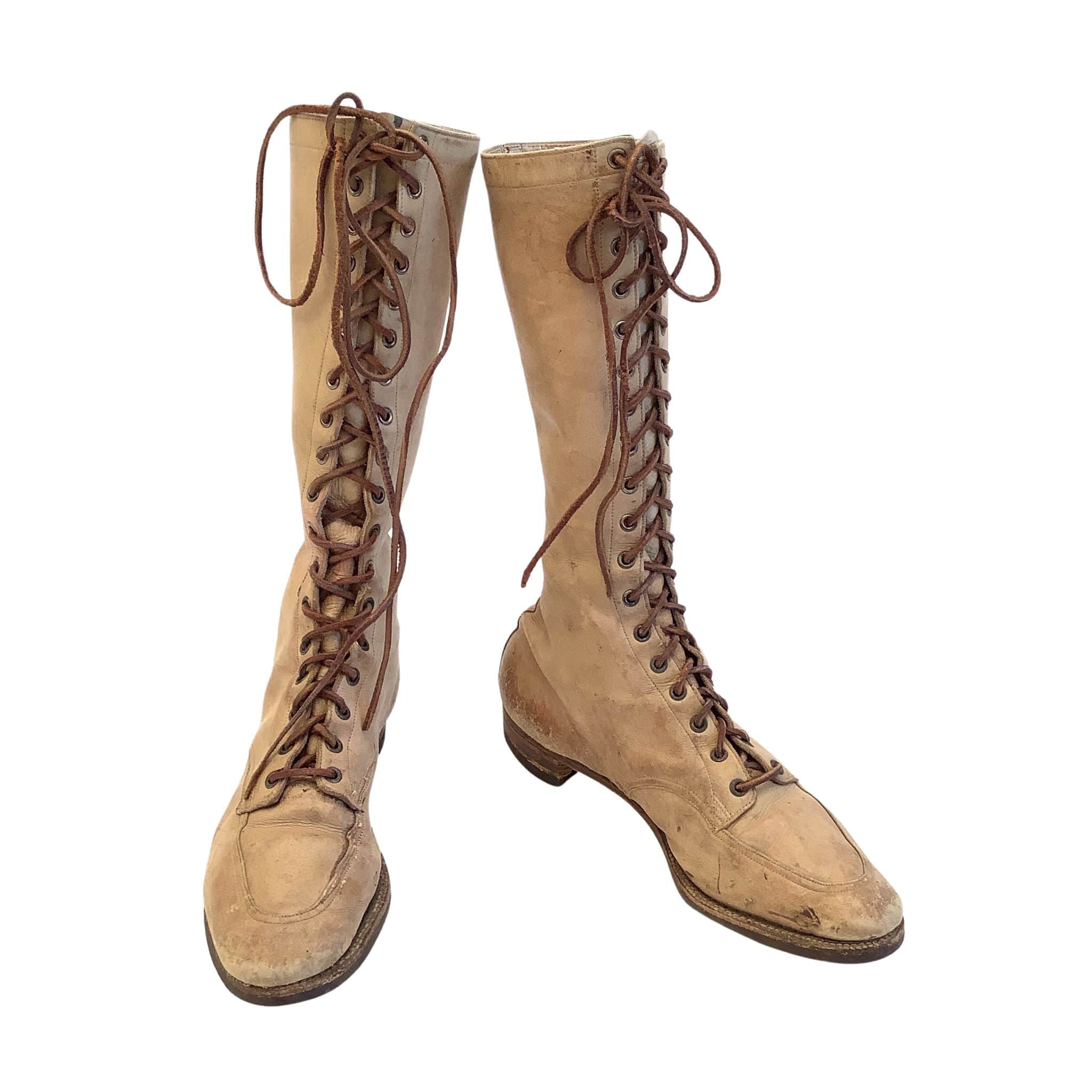 Nap-A-Tan 1920s Boots Lace-up Flat Heel Beige Size 8