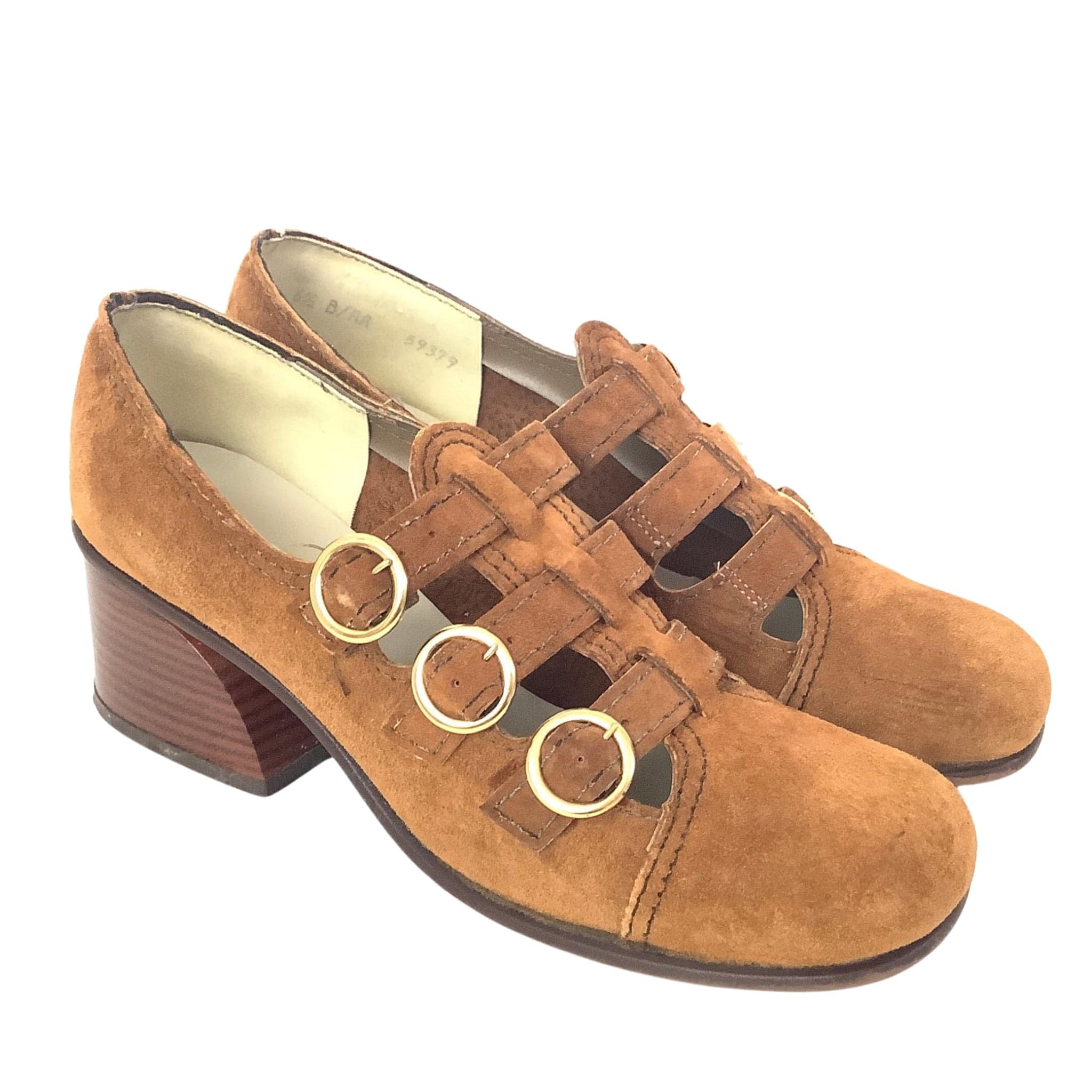 Connie Mod 1960s Heels Mary Janes Brown Leather Wmn's Size-7