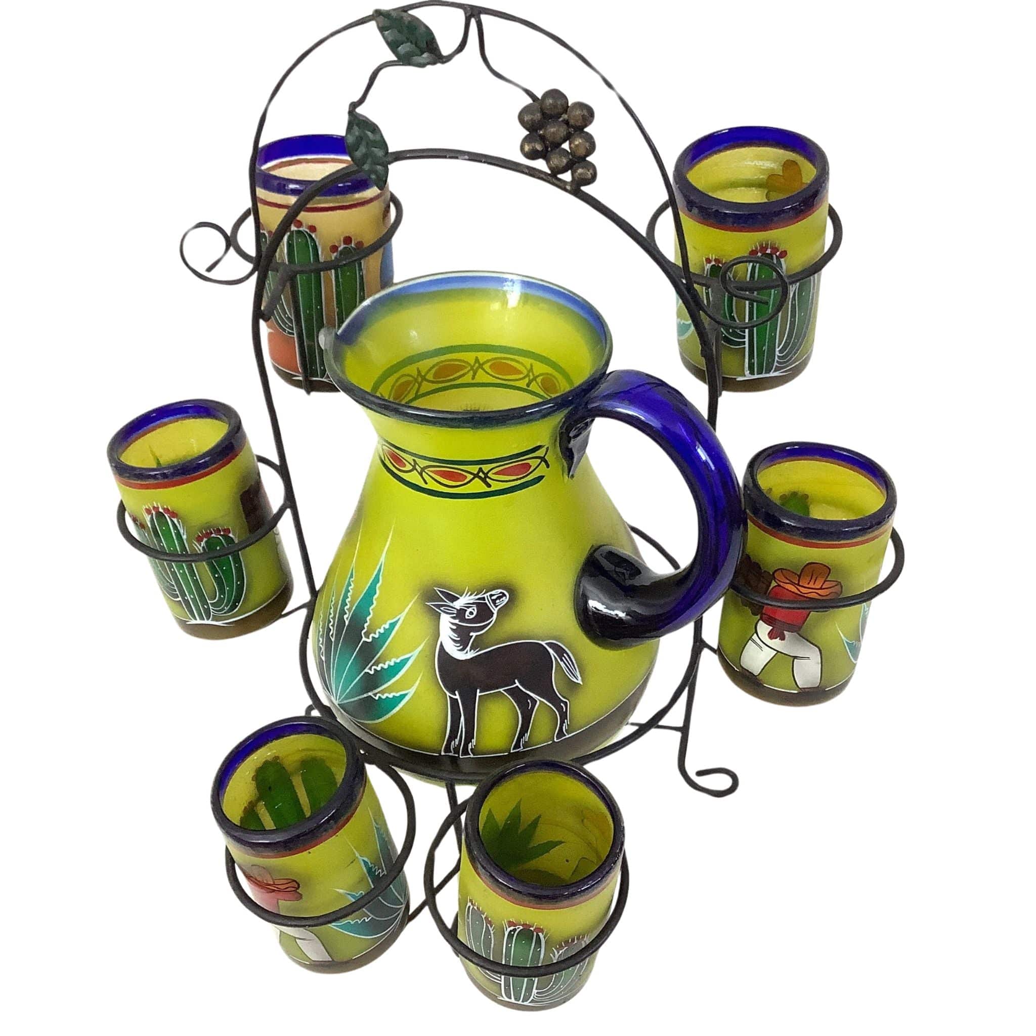 Rare Blown Glass 1940s Pitcher Set with Rack - Hand-Painted