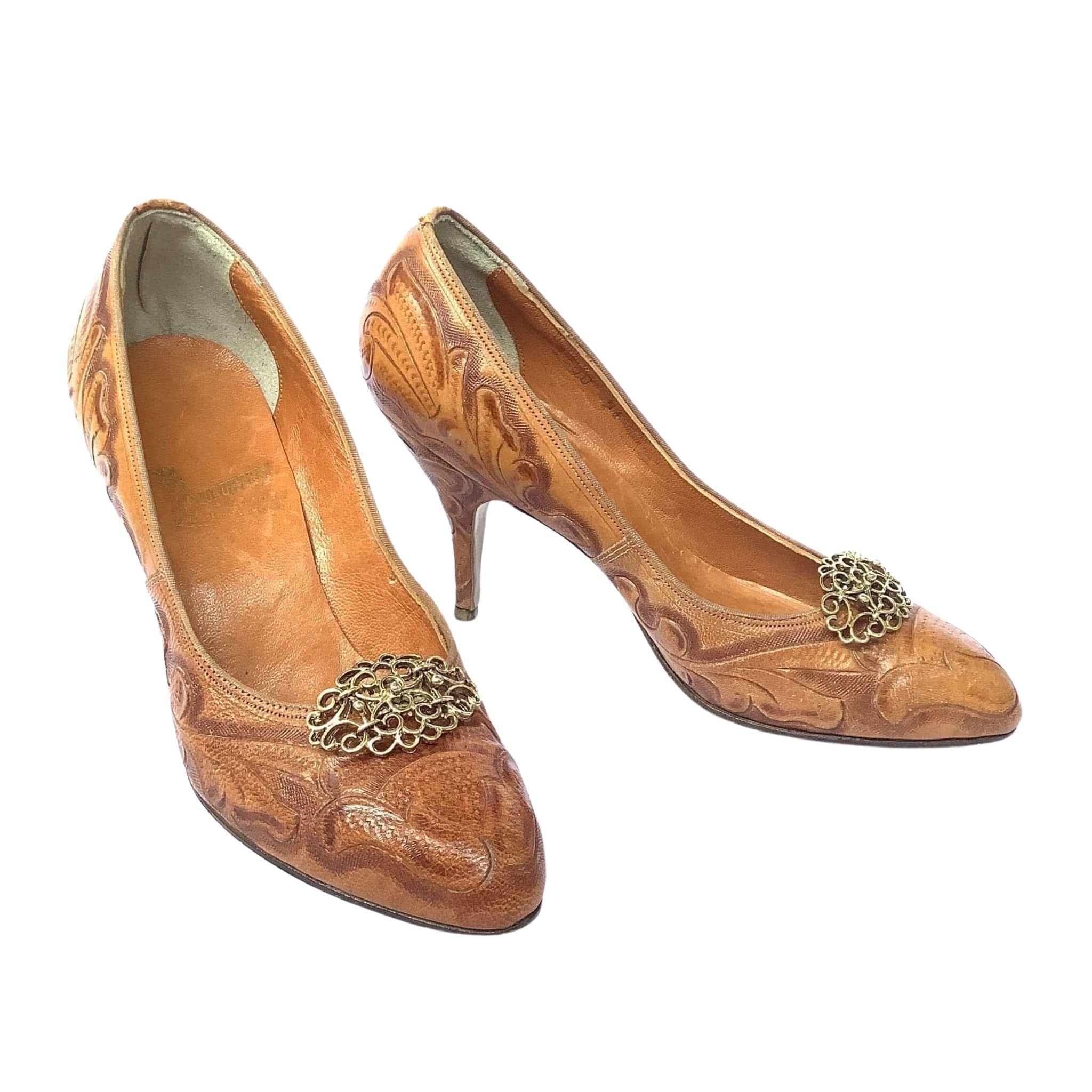 Size 6 Tan Tooled Leather Heels Cuauhtémoc - Spanish Revival